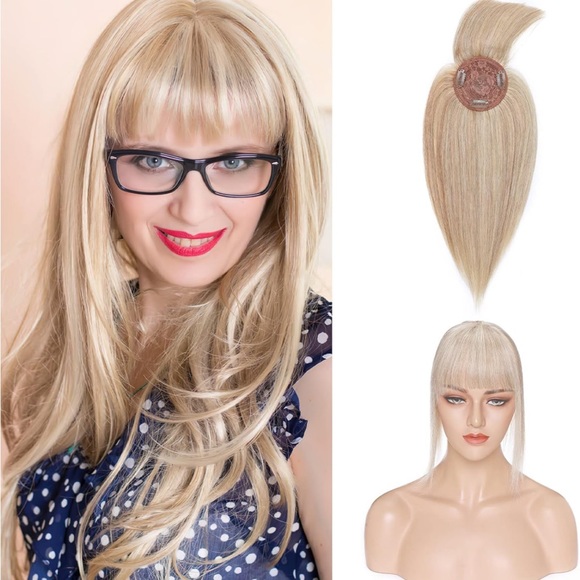 Hair | 12 Inch Human Hair Toppers With Bangs Mono Base Clip In 18p613 ...